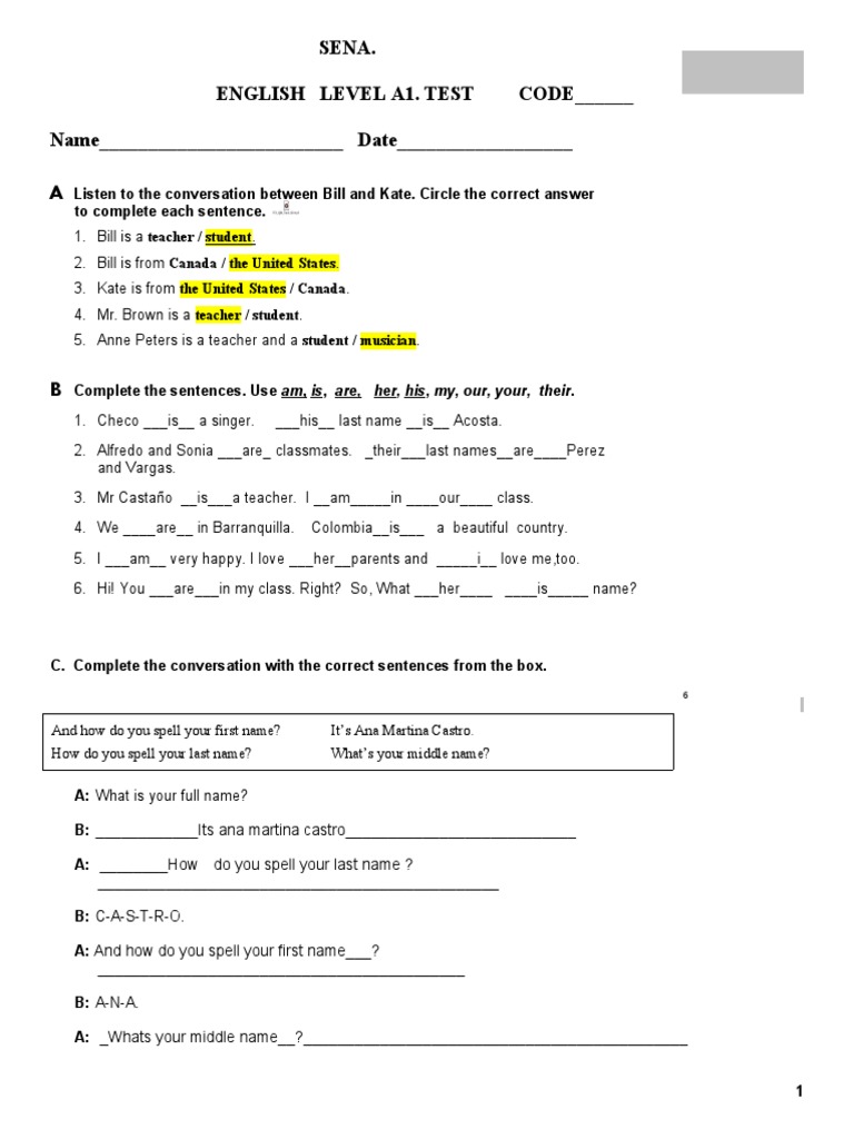 Sena. English Level A1. Test Code - Name - Date | PDF
