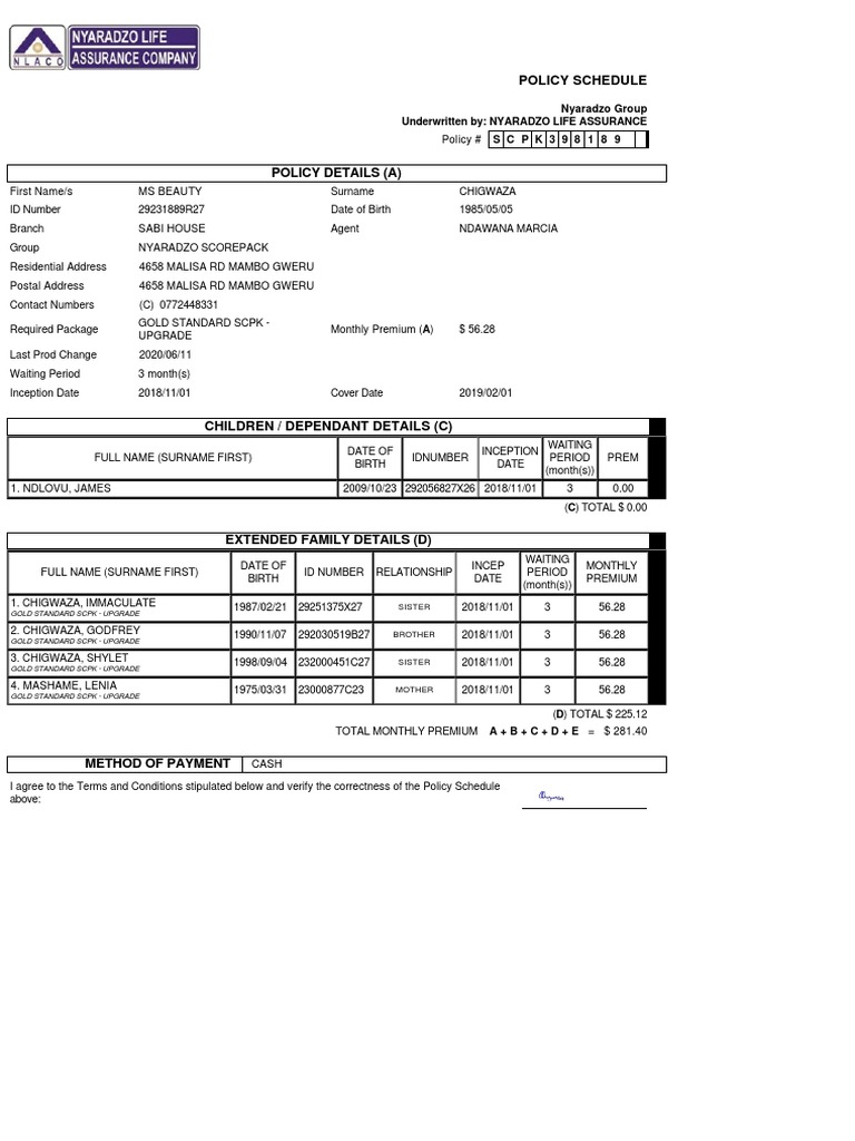 Policy Schedule: Nyaradzo Group Underwritten By: NYARADZO LIFE ...