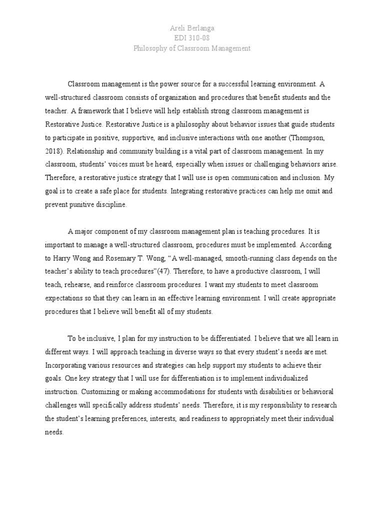 Philosophy of Classroom Management | PDF | Classroom Management ...
