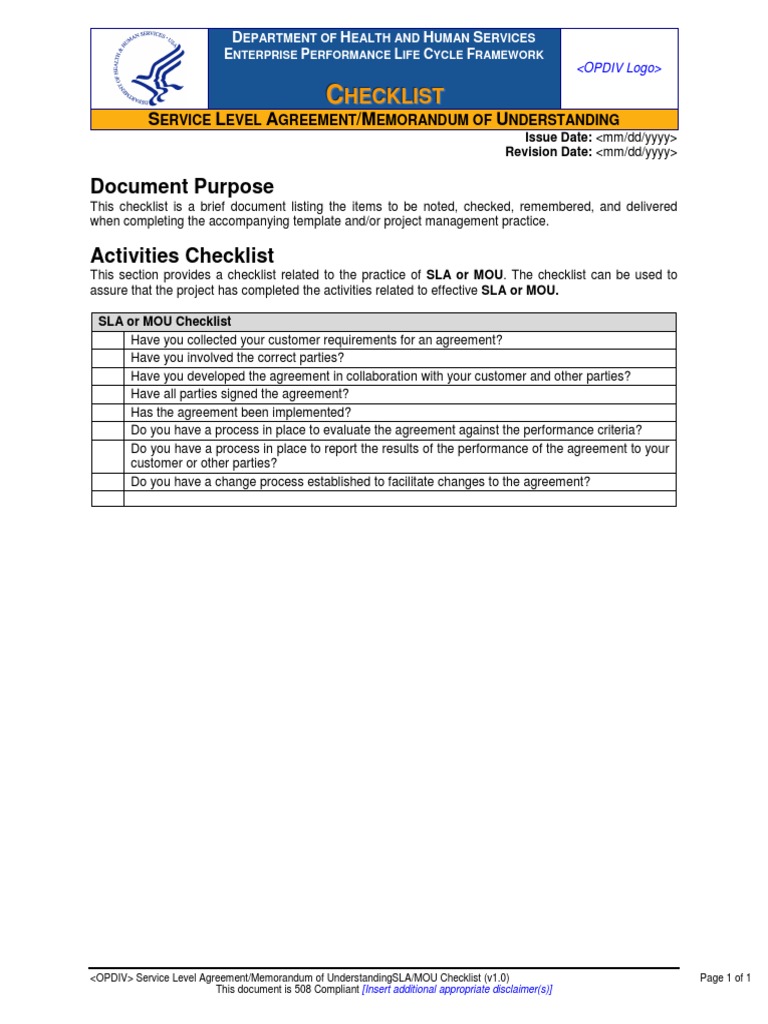 EPLC SLA MOU Checklist | PDF