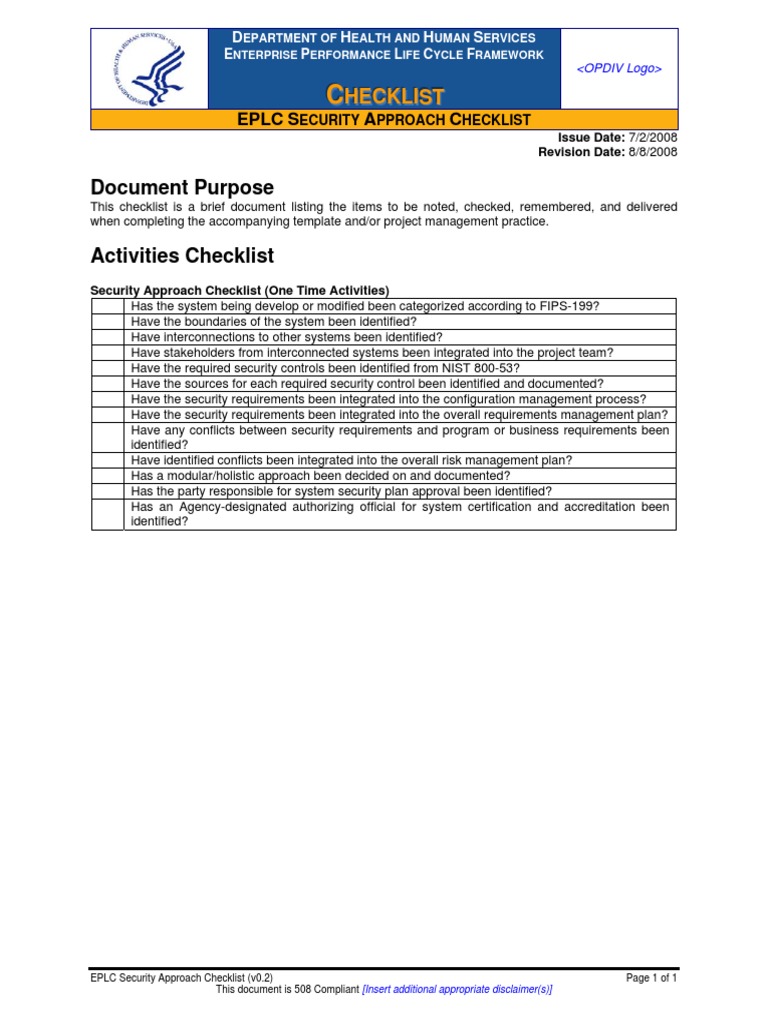 EPLC Security Approach Checklist PDF | PDF