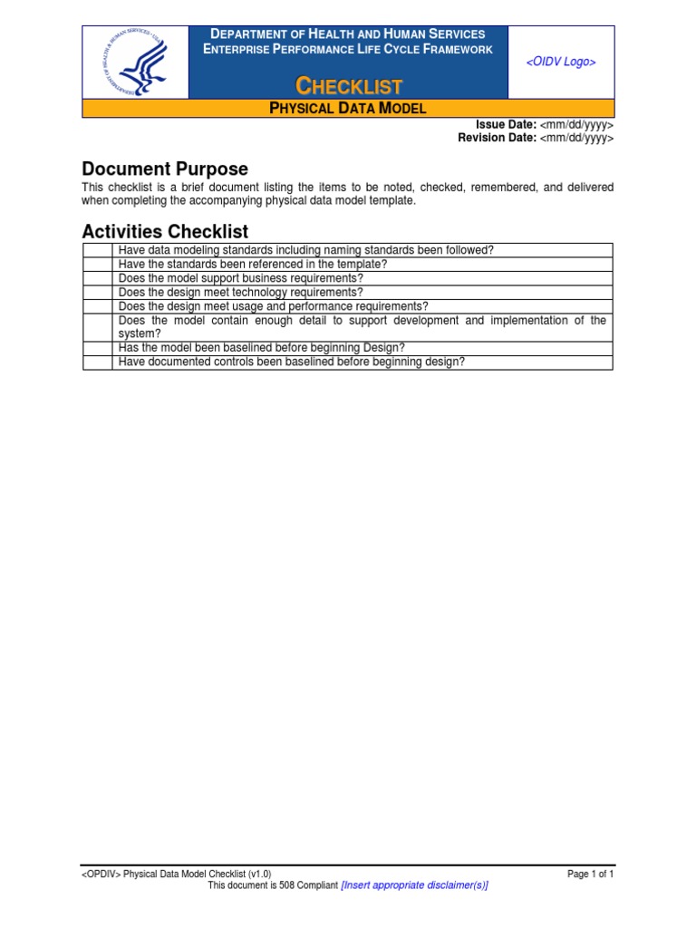 EPLC Physical Data Model Checklist | PDF