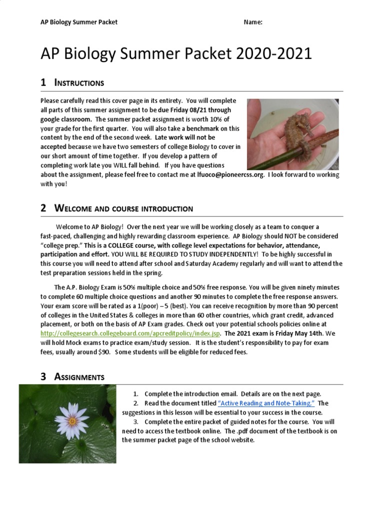 AP Biology Summer Packet 2020-2021 | PDF | Cell Membrane | Biomolecular ...