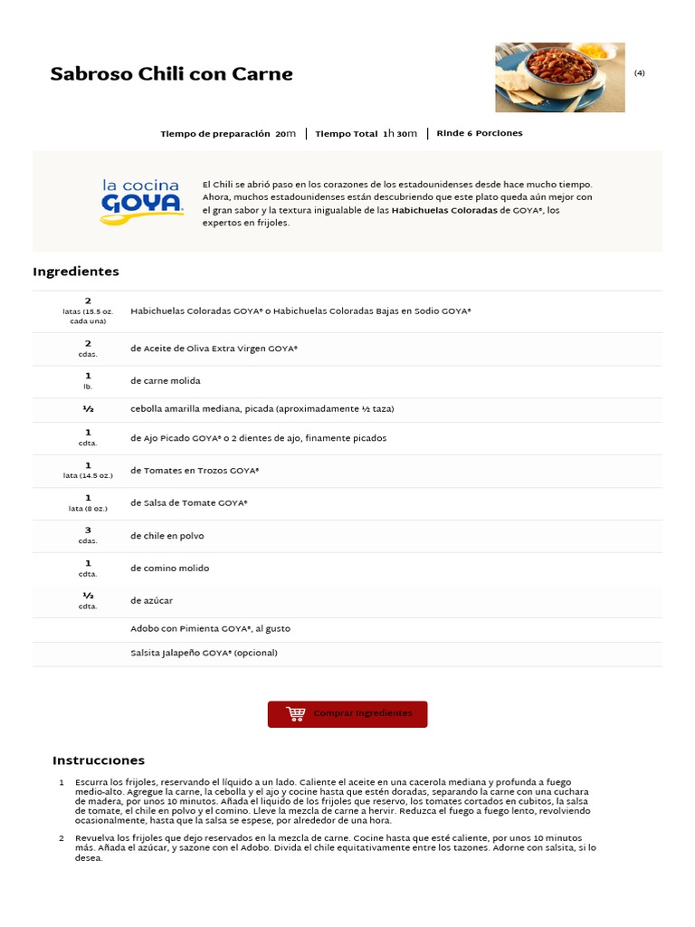 Sabroso Chili Con Carne - Recetas Goya Foods | PDF | Salsa | Carne