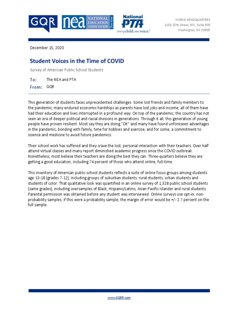 Student Voices in The Time of COVID - Memo | PDF | Teachers | Race And ...