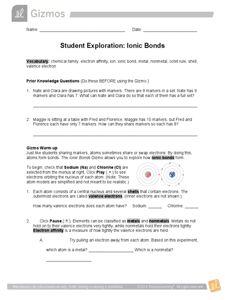 Ionic Bonds Student Exploration Guide | PDF