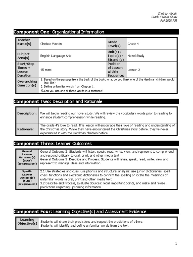 Component One: Organizational Information: Chelsea Woods Grade 4 Novel ...