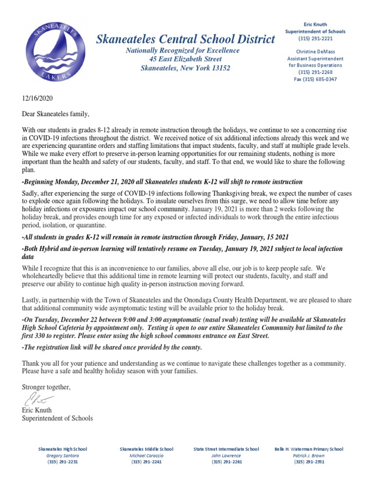 Extended School Closure Letter To Community 12.16.2020 | PDF | Public ...