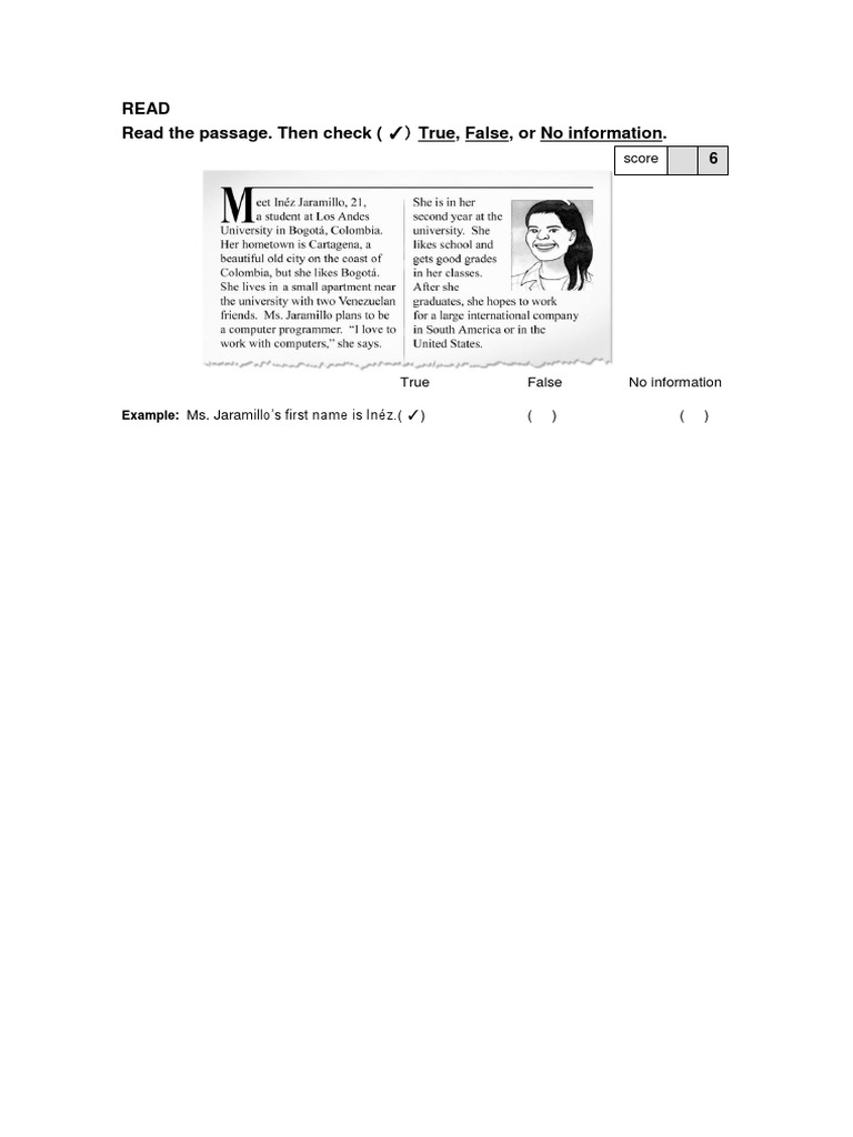 Read Read The Passage. Then Check ( ) True, False, or No Information | PDF
