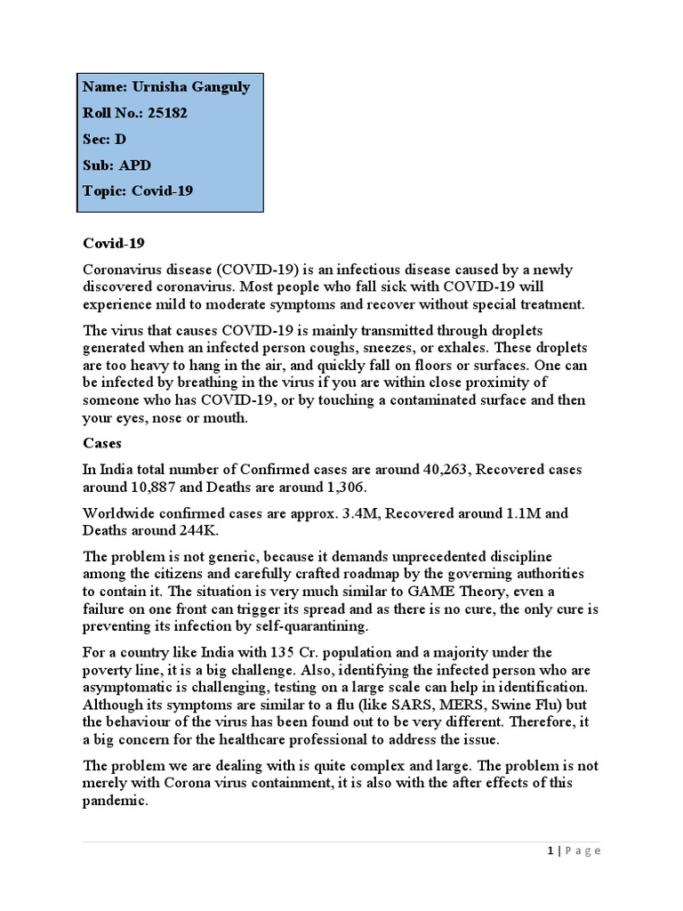 Name: Urnisha Ganguly Roll No.: 25182 Sec: D Sub: APD Topic: Covid-19 ...