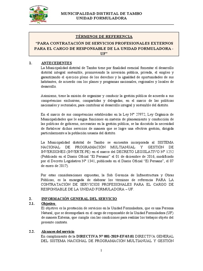 TDR UF TAMBO 2020-1 | PDF | Administración Pública | Perú