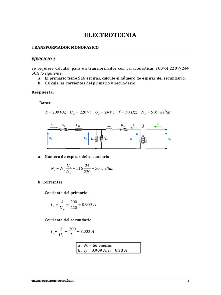 Ejercicios - Transformador Monofásico - Resueltos | PDF | Transformador | Energia electrica