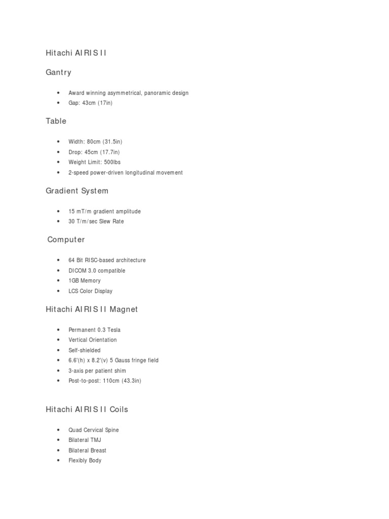 Hitachi AIRIS II Open Tech Specs | PDF