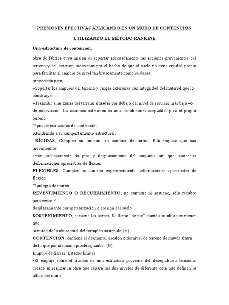 Presiones Efectivas Aplicando en Un Muro de Contención Utilizando El Método Rankine | PDF ...