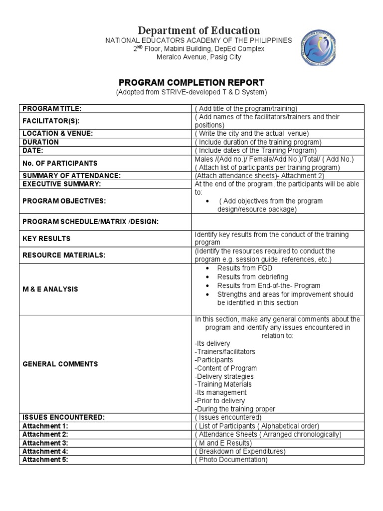 Department of Education: Program Completion Report | PDF | Business