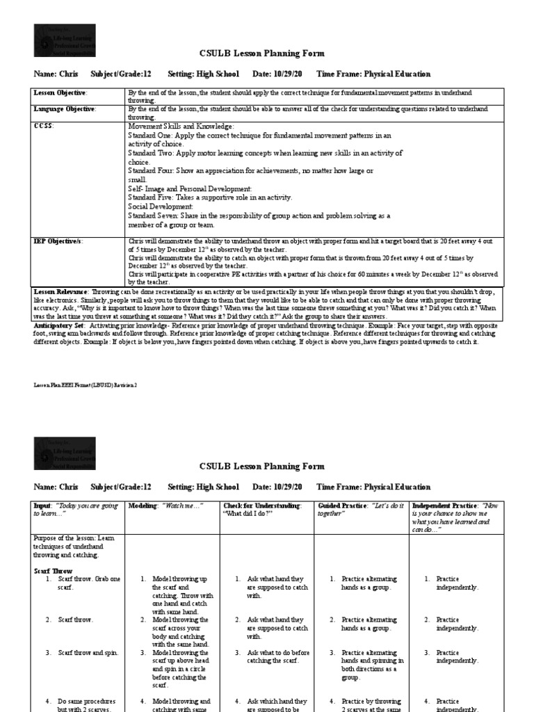 Edsp - Lesson Plan - Underhand Throwing | PDF | Scarf | Physical Education