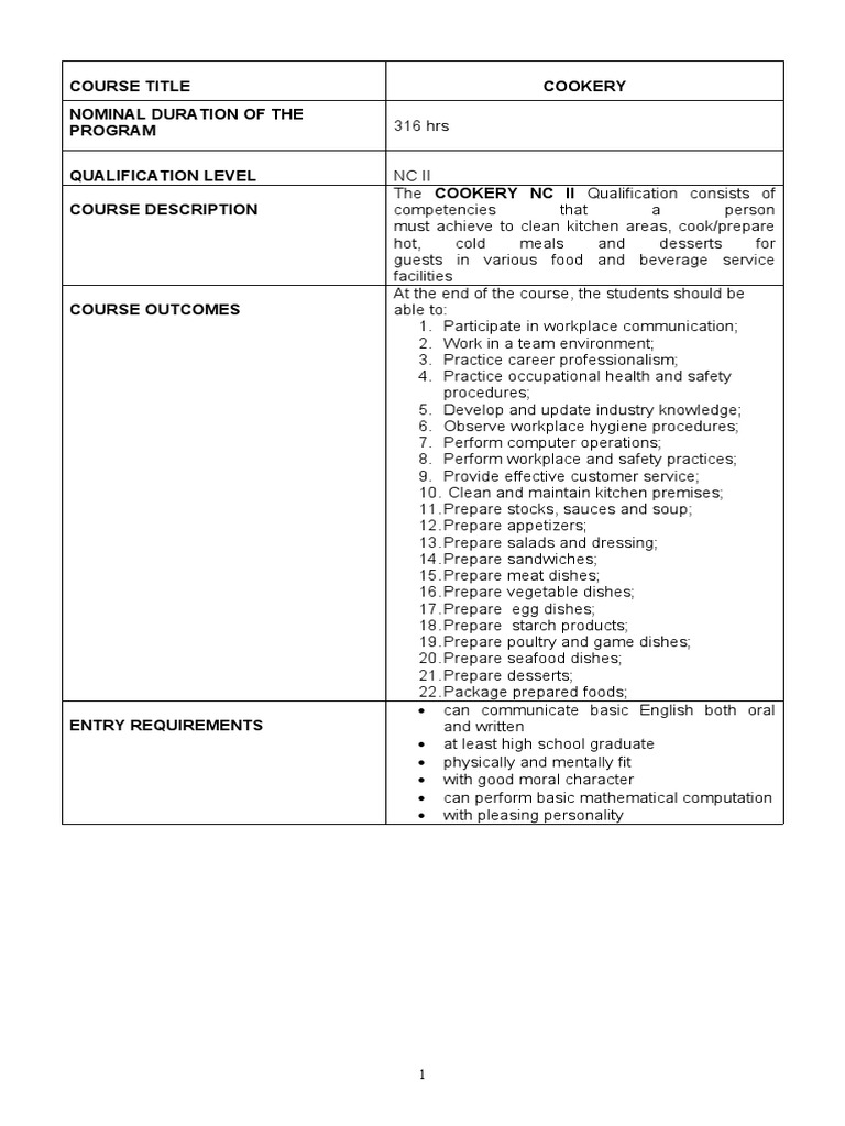 Course Design Cookery NC II | Download Free PDF | Cooking ...