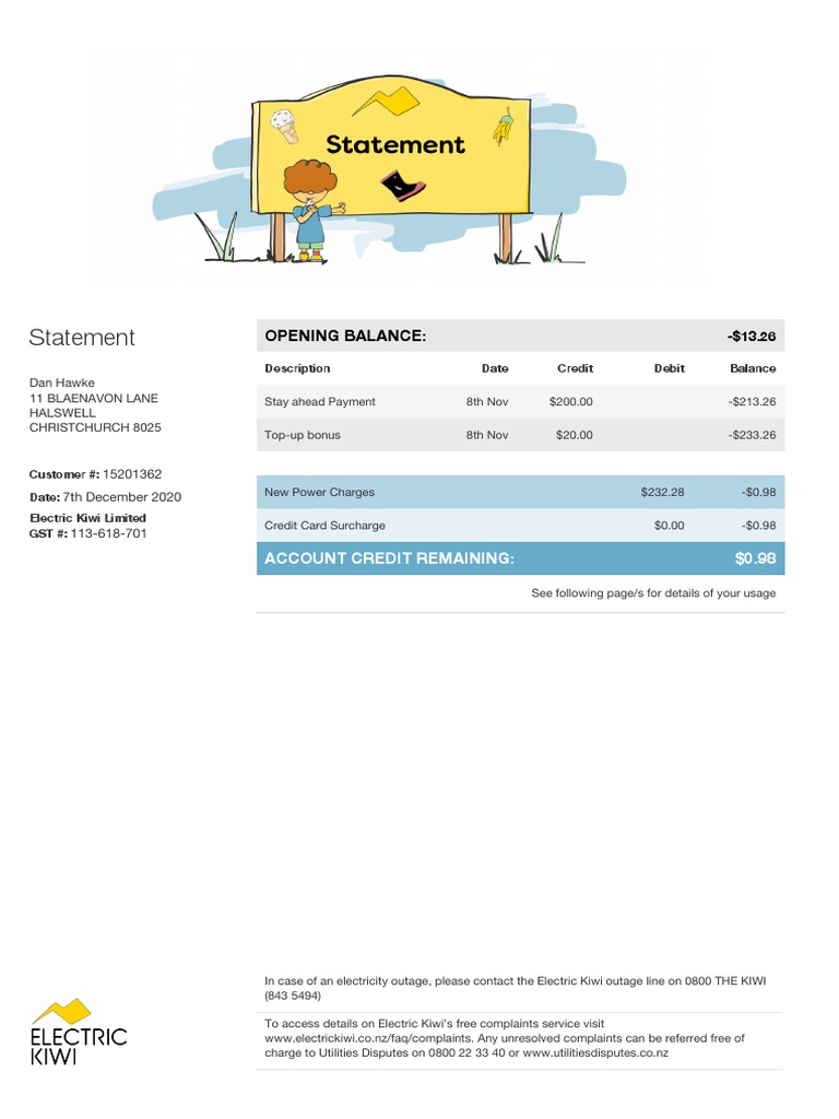 Electric Kiwi Invoice - 041120 To 051220 | PDF | Invoice | Financial ...