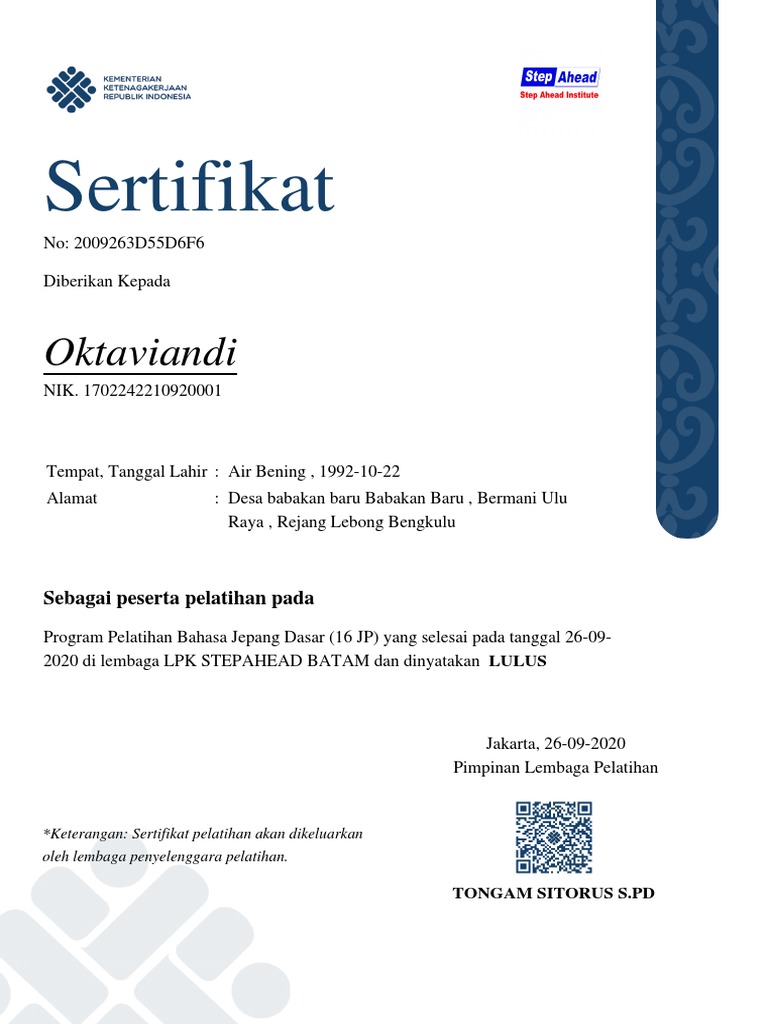 Sertifikat Pelatihan Bahasa Jepang N5 | PDF