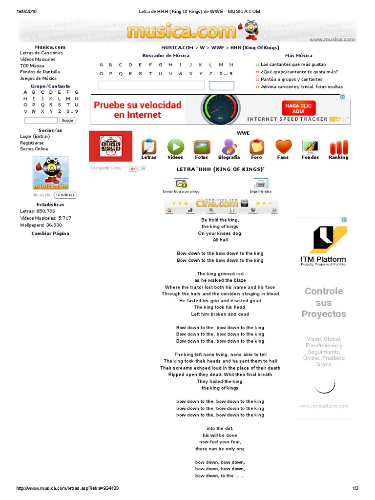 Letra de HHH (King of Kings) de WWE - MUSICA | PDF | Sports Entertainment | Professional ...