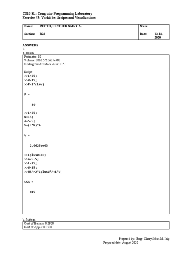 CS10-8L: Computer Programming Laboratory Exercise #3: Variables, Scripts and Visualizations | PDF
