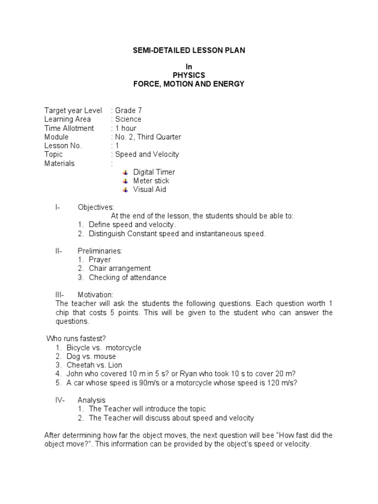 Semi-Detailed Lesson Plan in Physics Force, Motion and Energy | PDF ...