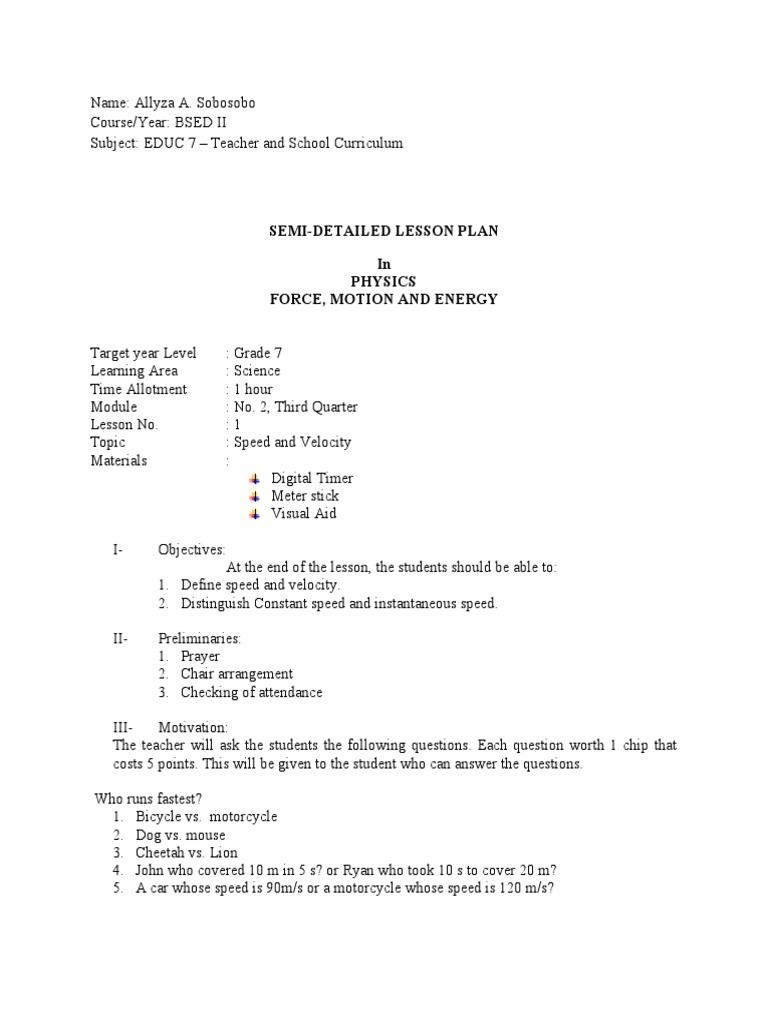 Semi-Detailed Lesson Plan in Physics Force, Motion and Energy | PDF ...