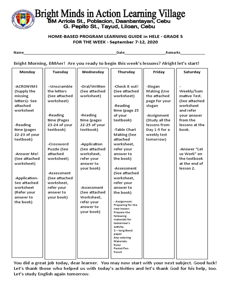 Home-Based Program Learning Guide in Hele - Grade 5 FOR THE WEEK ...