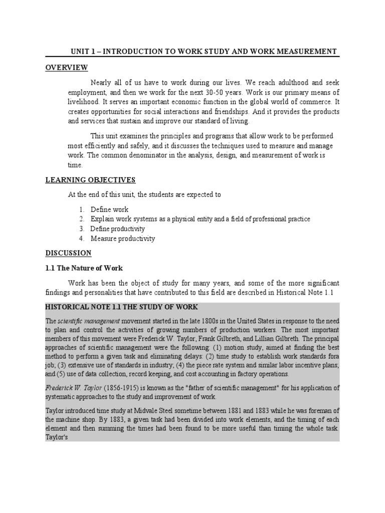 Unit 1 Introduction To Work Study and Work Measurement | PDF ...