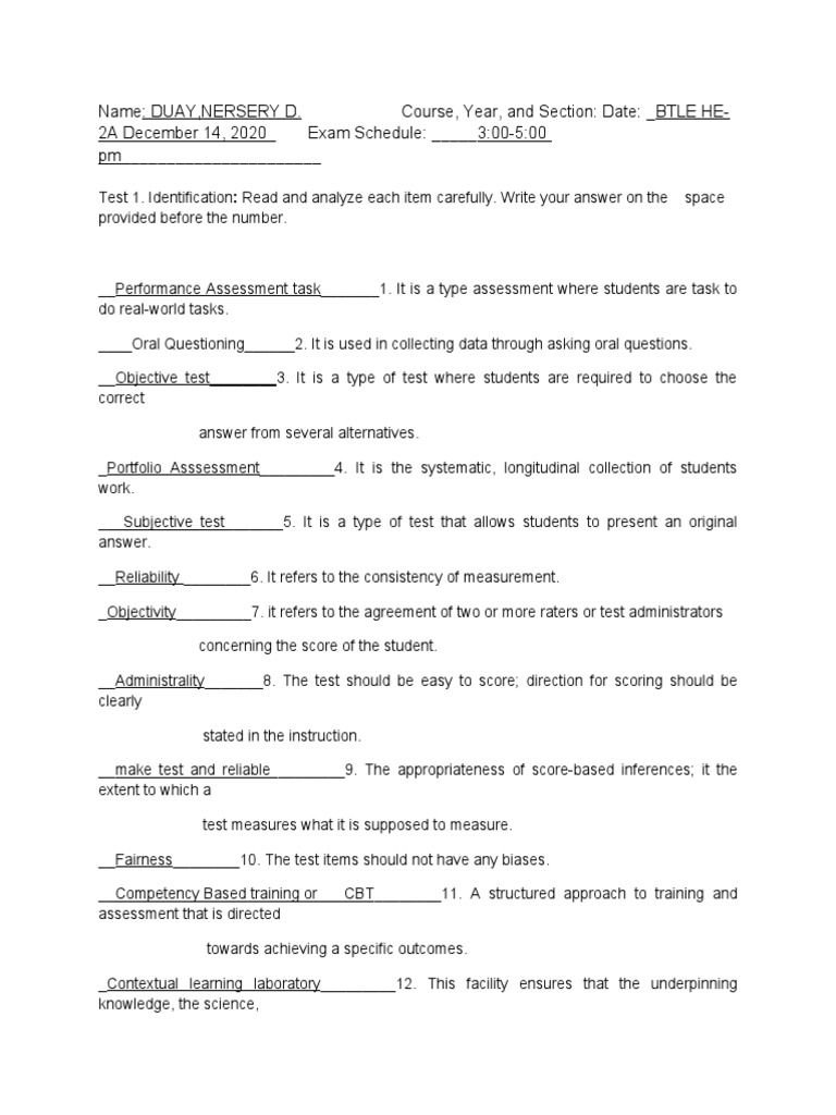 Name: DUAY, NERSERY D. Course, Year, and Section: Date: - BTLE HE-2A ...