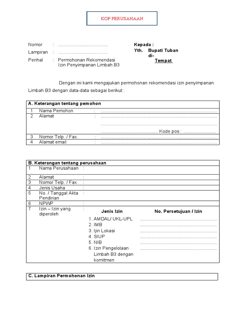Format Contoh Laliga - 1contoh-Surat-Permohonan-Izin-Tps-Lb3 | PDF