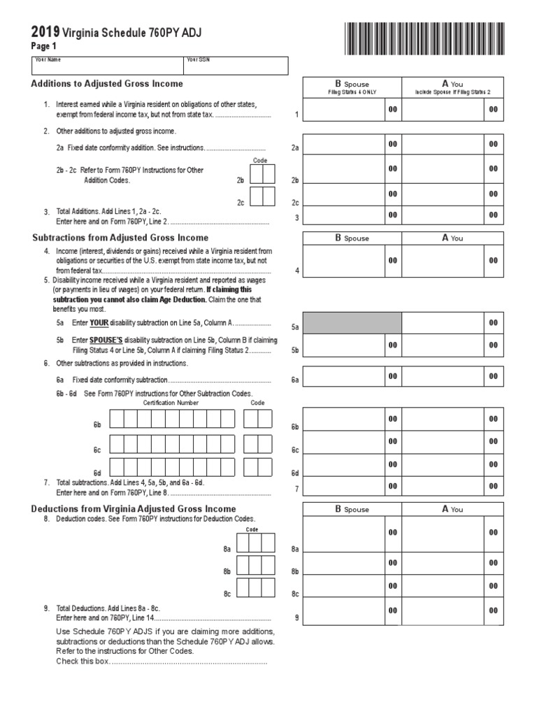 Virginia Schedule 760PY ADJ: Additions To Adjusted Gross Income B A ...