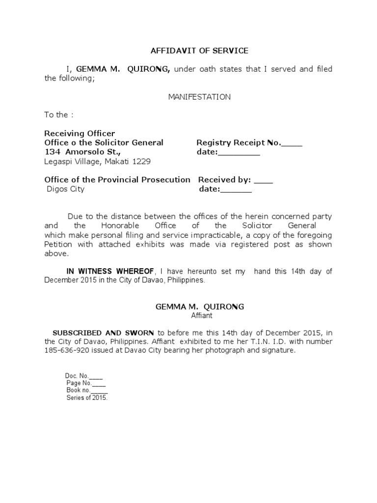 Affidavit of Service by Gemma Quirong | PDF | Finance & Money ...