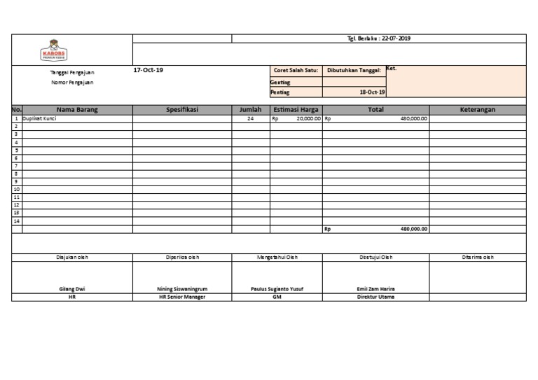 FORM-PR-19-006-0 Purchase Request Duplikat Kunci | PDF