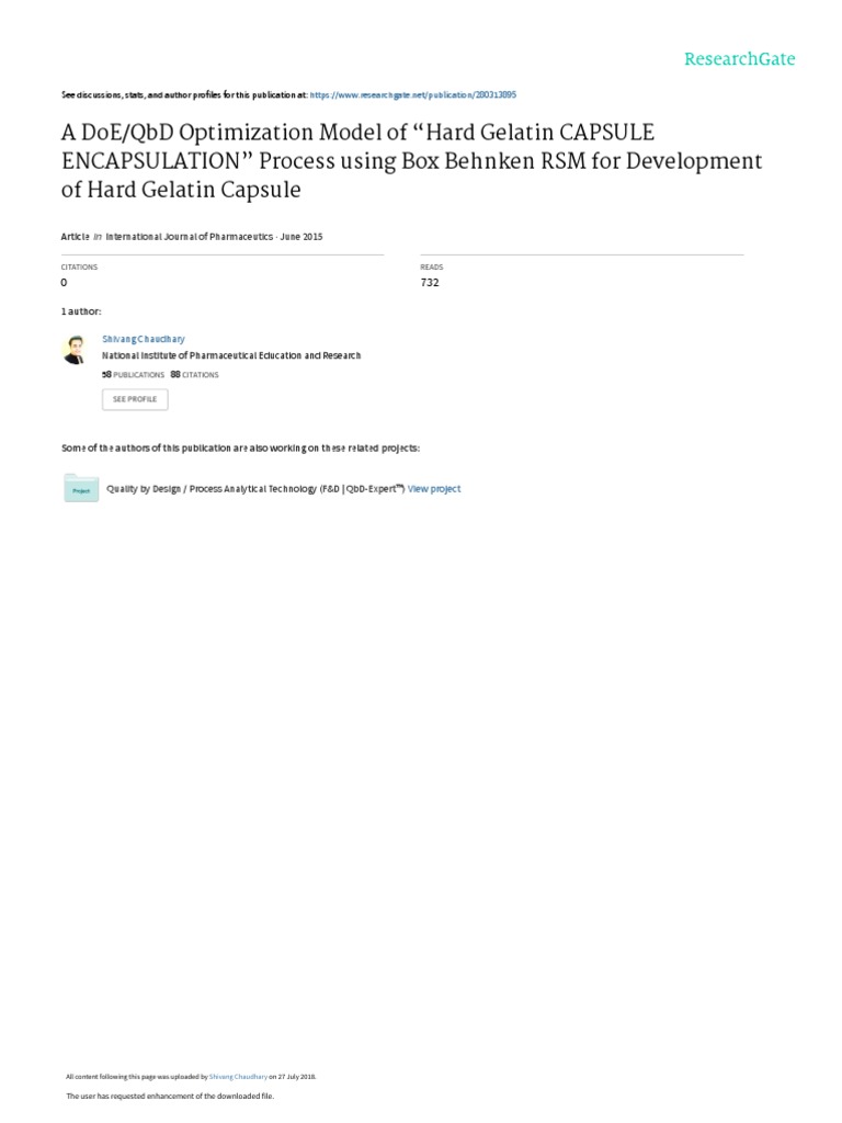 A Doe/Qbd Optimization Model of "Hard Gelatin Capsule Encapsulation" Process Using Box Behnken ...