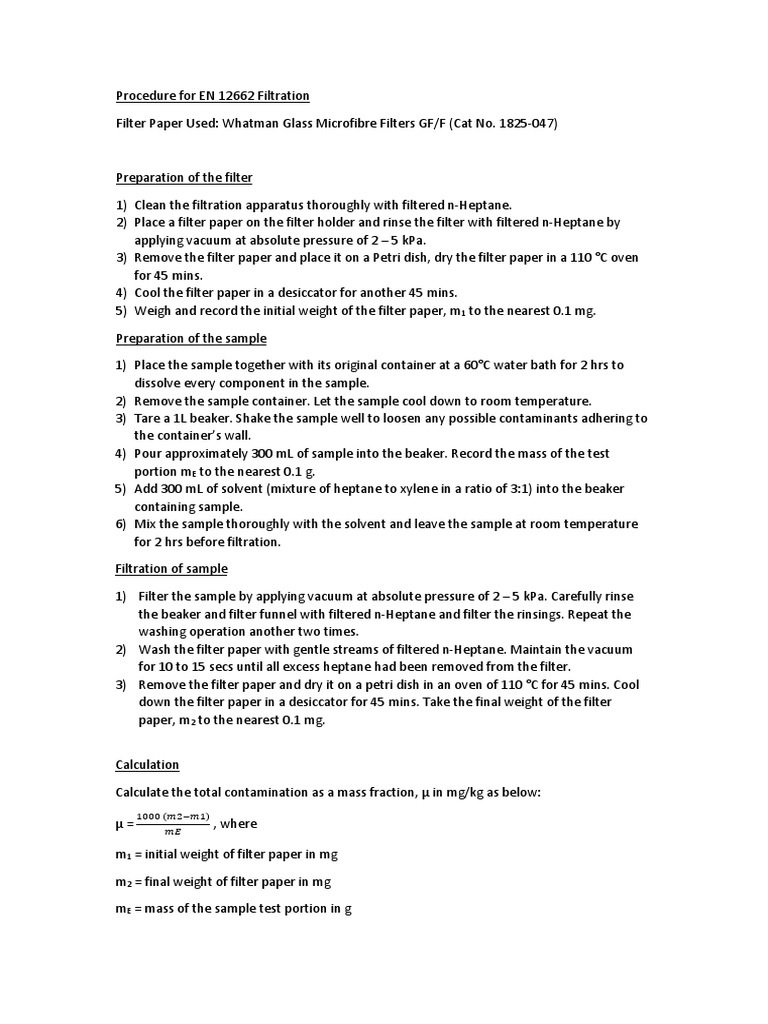 Procedure For EN 12662 Filtration | PDF