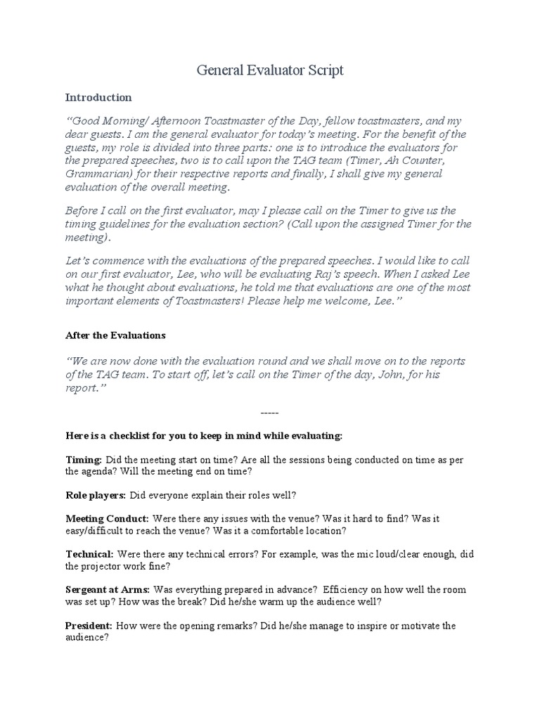 General Evaluator Script The Agenda Will The Meeting End On Time