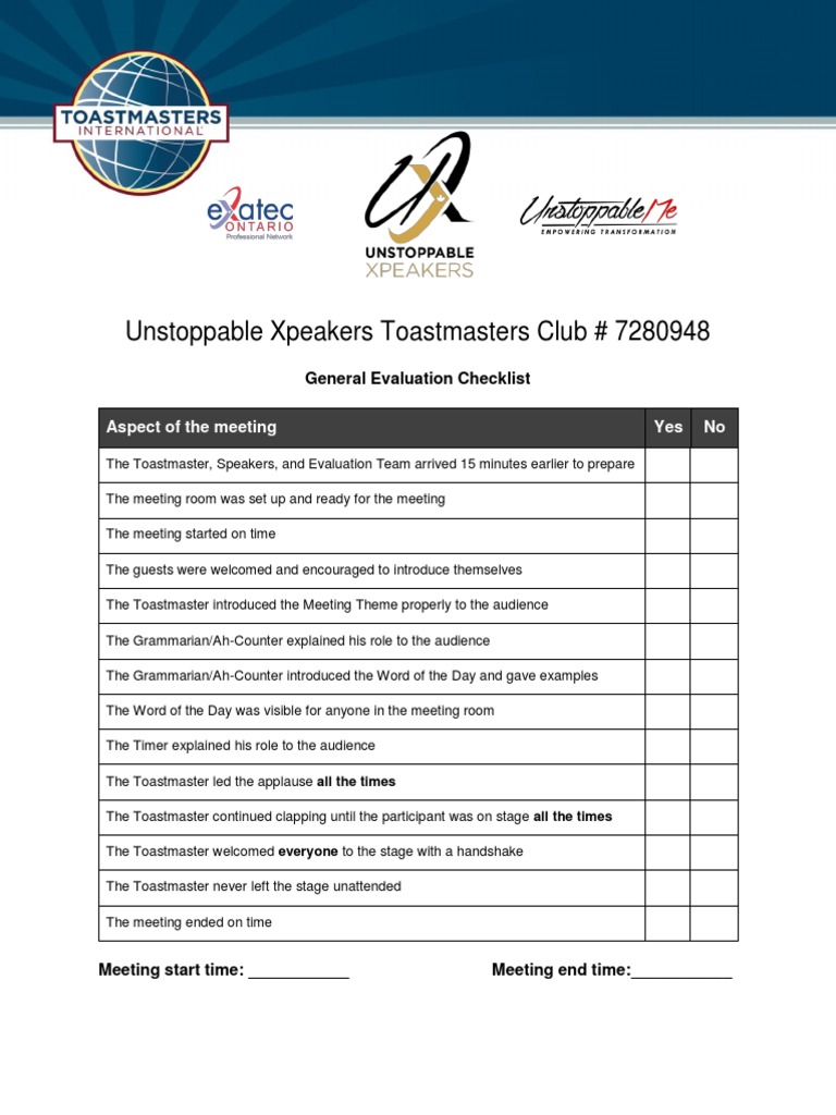 Unstoppable Xpeakers Toastmasters Club # 7280948: General Evaluation ...