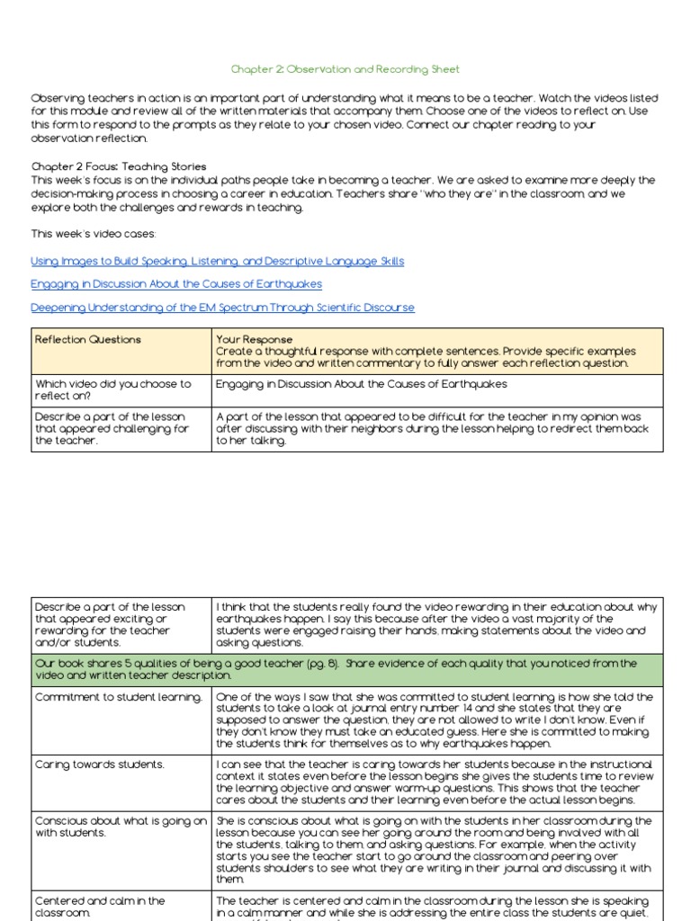 Teacher Observation Reflection Guide | PDF | Classroom | Teachers