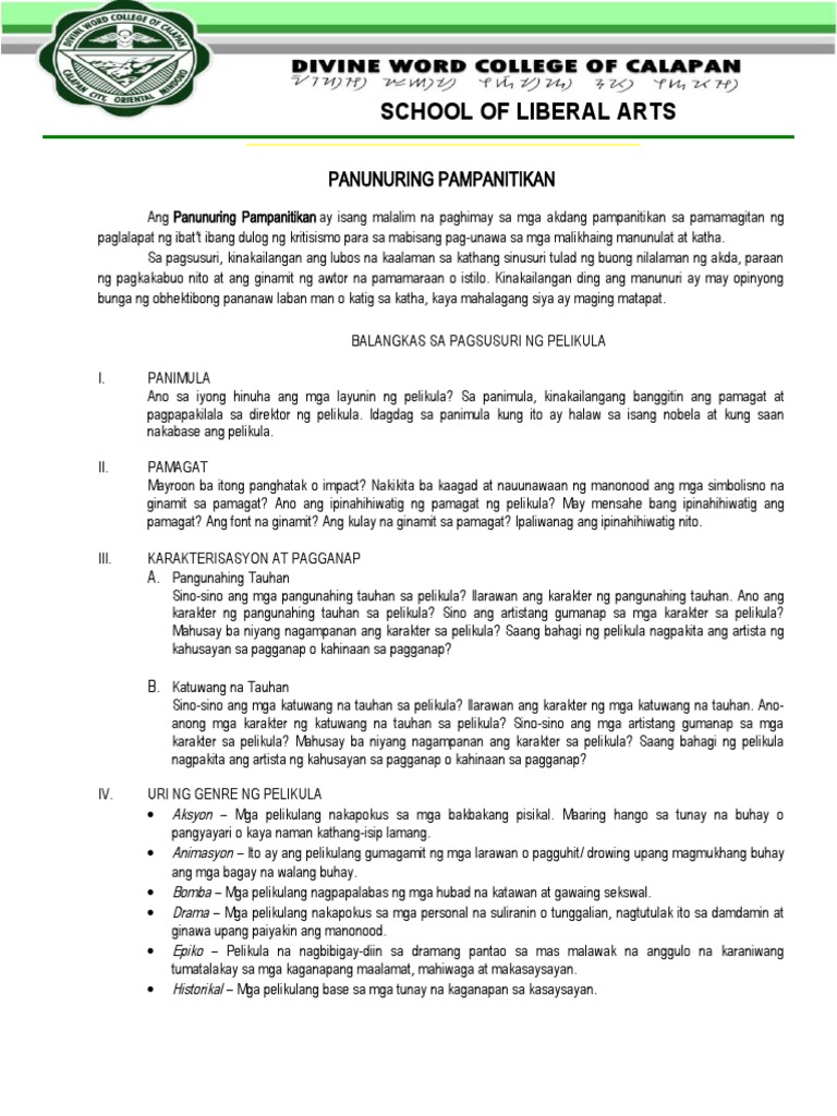 Balangkas Sa Pagsusuri NG Pelikula | PDF