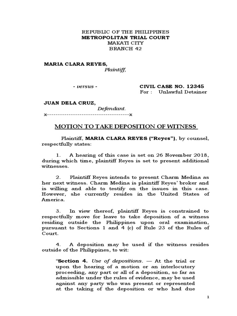 Motion For Deposition | PDF