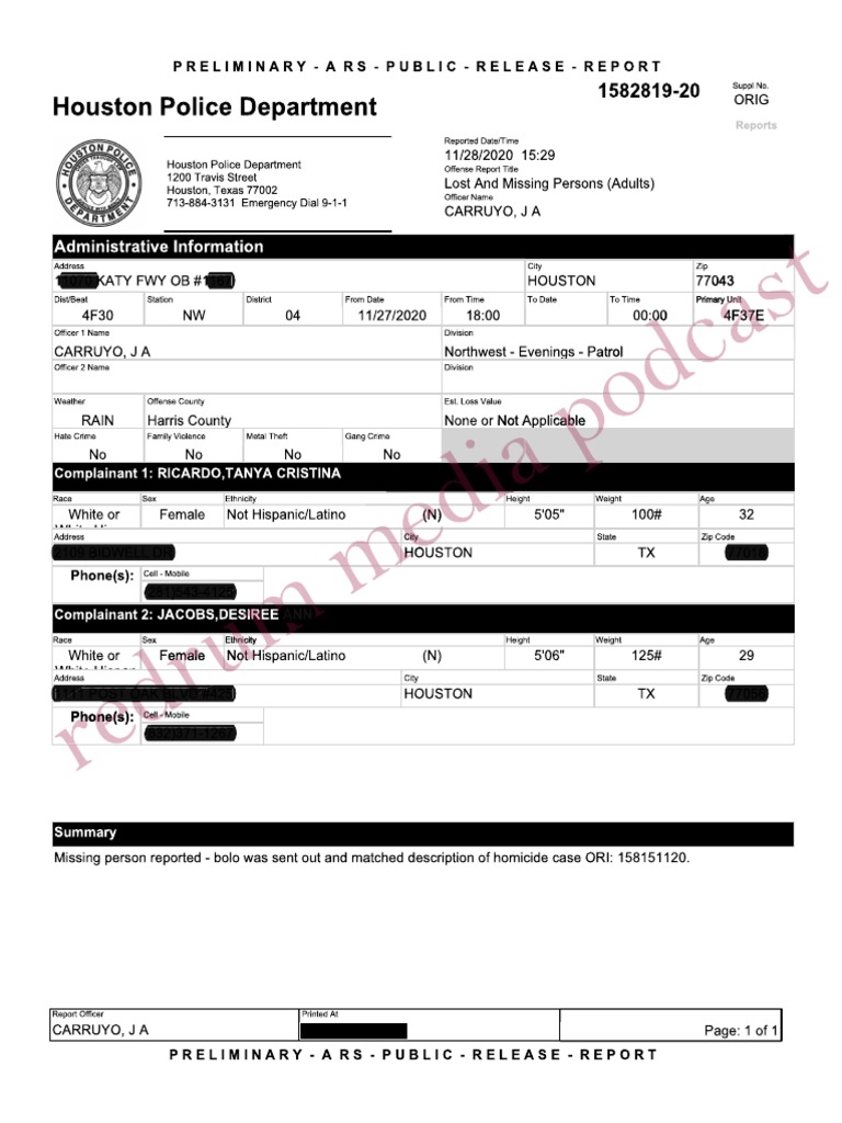 Alexis Sharkey Missing Persons Report & Death Incident Report | PDF ...