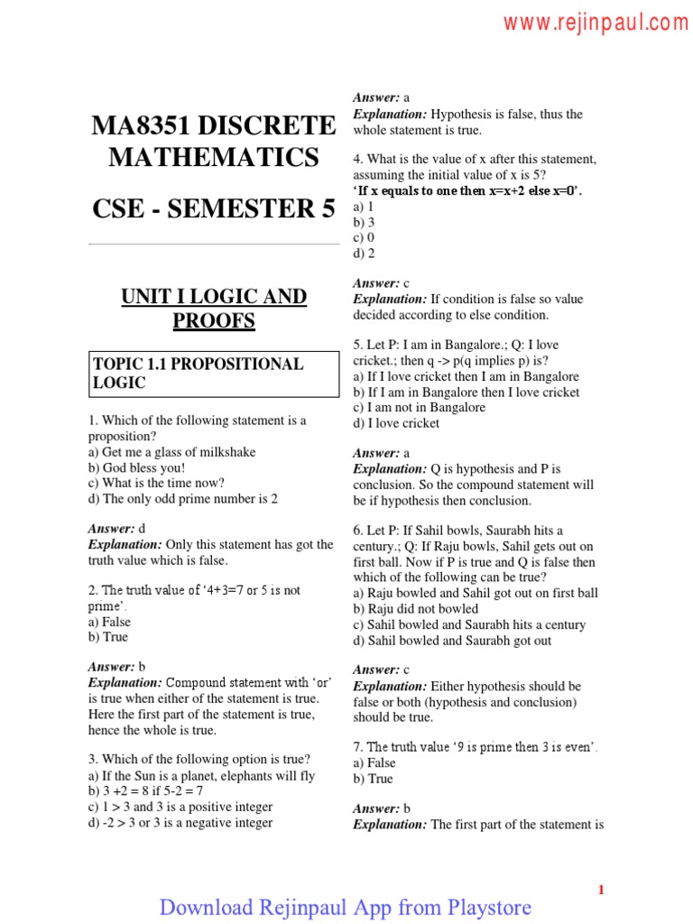 DM MCQ - Rejinpaul | PDF | Mathematical Proof | Logical Expressions