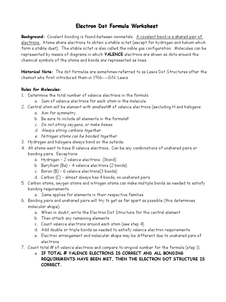 Electron Dot Formula Worksheet | PDF | Covalent Bond | Valence (Chemistry)
