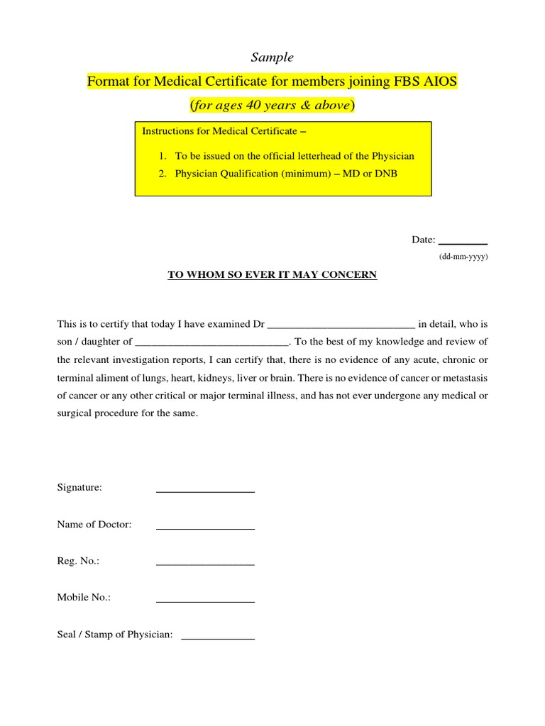 FBS MEDICAL CERTIFICATE For Age 40 Above | PDF