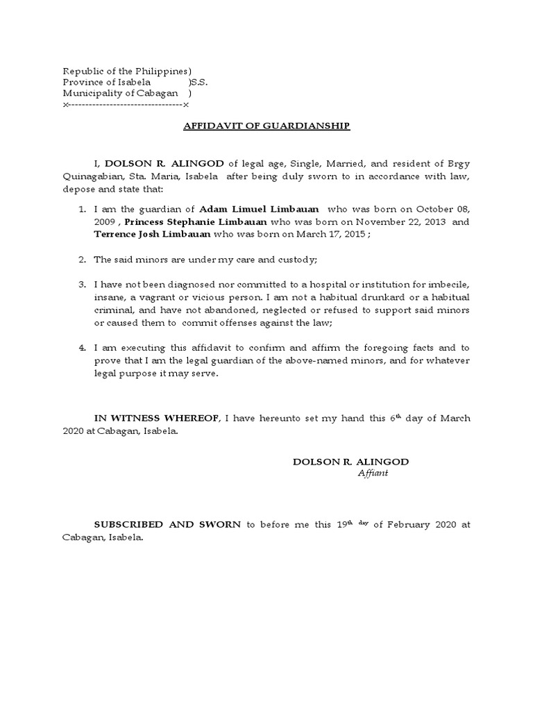 Affidavit of Guardianship I | PDF | Affidavit | Legal Guardian
