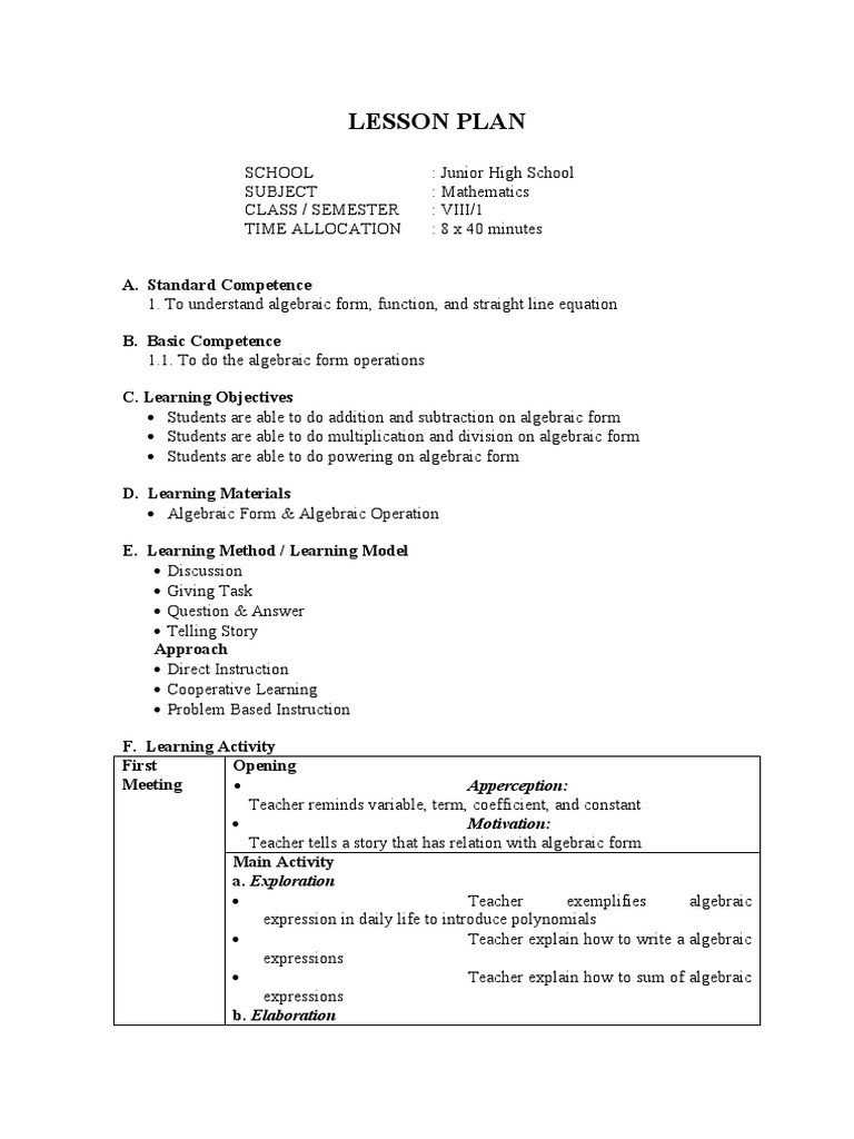 Junior High Algebra Lesson Plans | PDF | Algebra | Polynomial