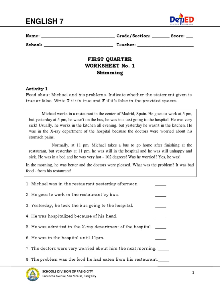 English 7: First Quarter Worksheet No. 1 Skimming | PDF | Cognition