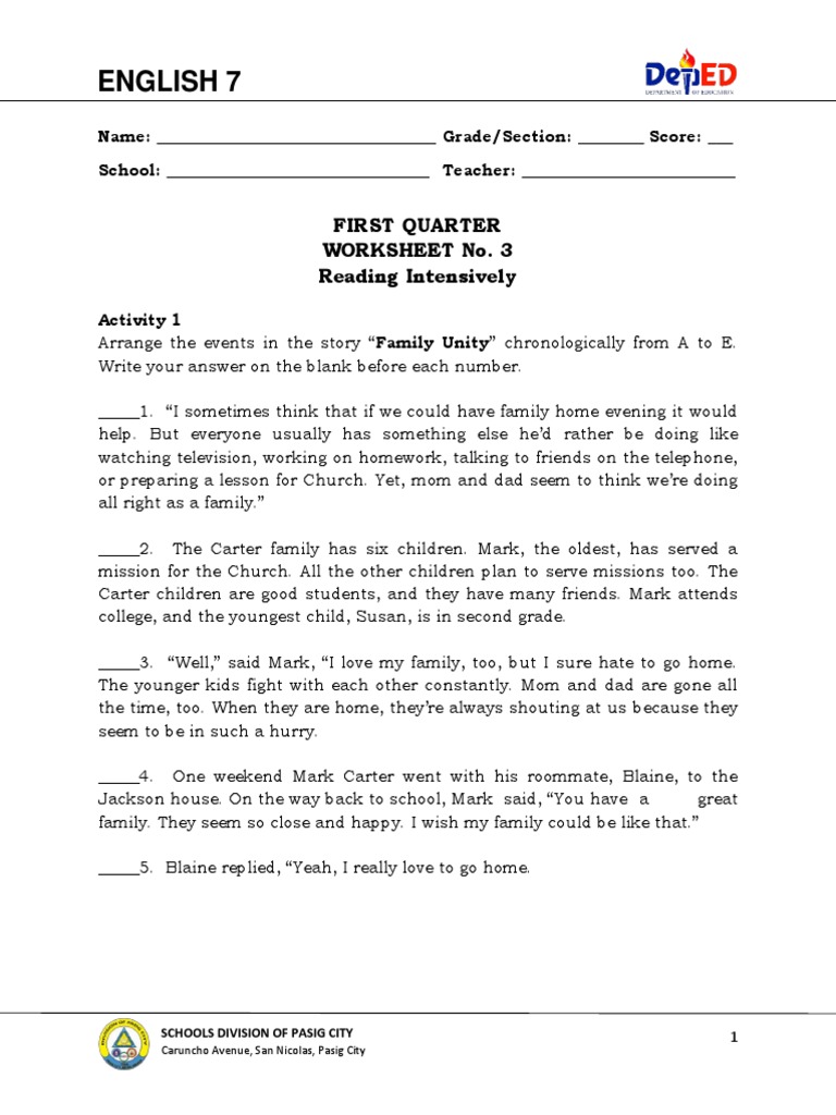 English 7: First Quarter Worksheet No. 3 Reading Intensively | PDF ...