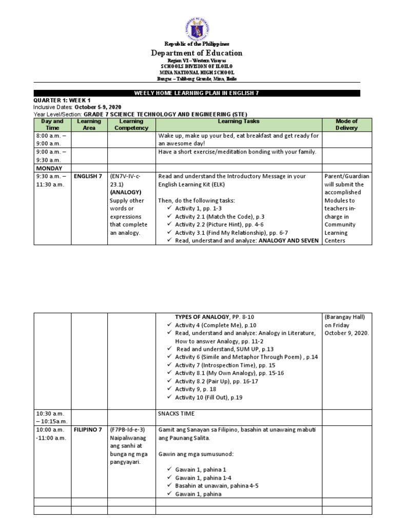 Weekly Home Learning Plan WHLP Sample | PDF
